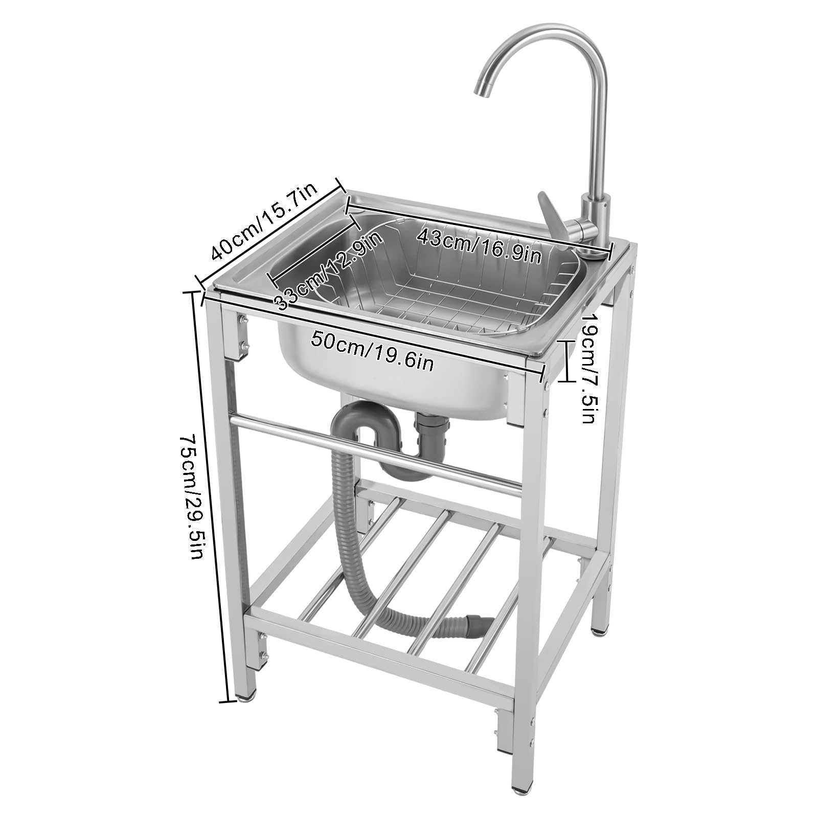 Stainless Steel Utility Sink Single Bowl, Free Standing Kitchen Sink with Faucet, Drain Basket & Storage Shelf for Restaurant Kitchen Garage, 19.6"Lx 15.7"W x 29.5"H