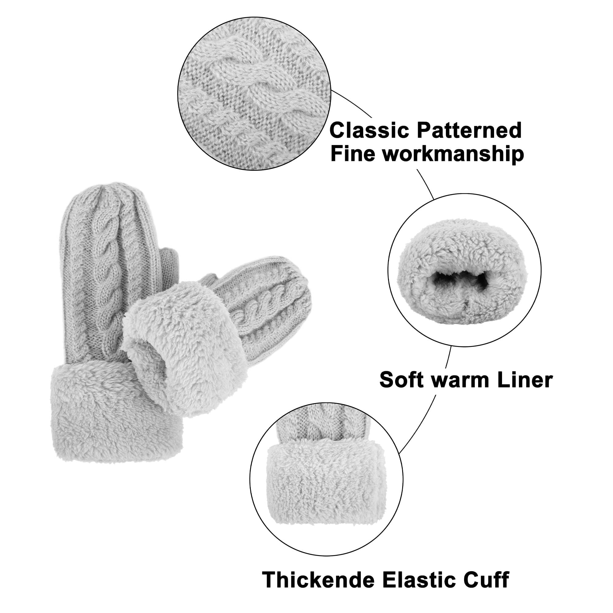 Verabella Womens Mittens Cold Weather Sherpa Lined Mittens Women Winter Mittens Warm Mittens for Women,2 Pairs,Black/Light Grey Braid