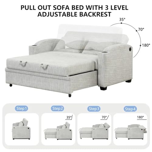 UXZDX 65" Pull Out Sofa Bed Chenille Convertible Loveseat Sofa with Adjsutable Backrest, Cup Holders, USB Portss
