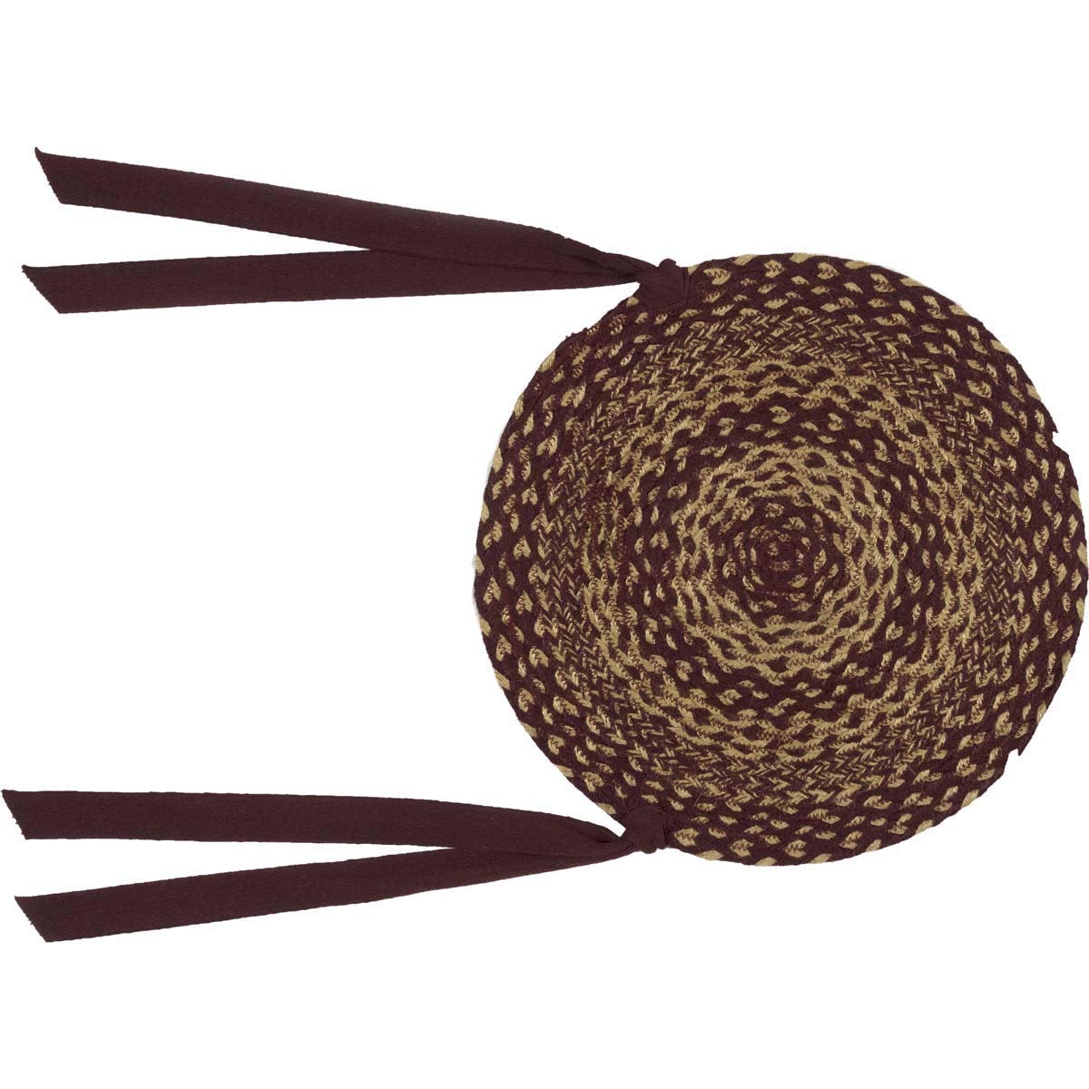 VHC Brands Tan Jute Striped Textured Primitive Tabletop Kitchen Tie Back(s) Round Chair Pad Set of 6, Set King, Burgundy Red