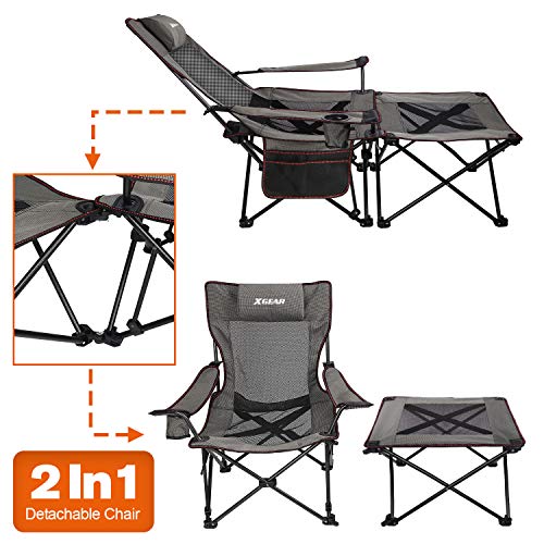 XGEAR 2 in 1 Folding Camping Chair Portable Lounge Chair with Detachable Table for Camping Fishing Beach and Picnics (Grey)