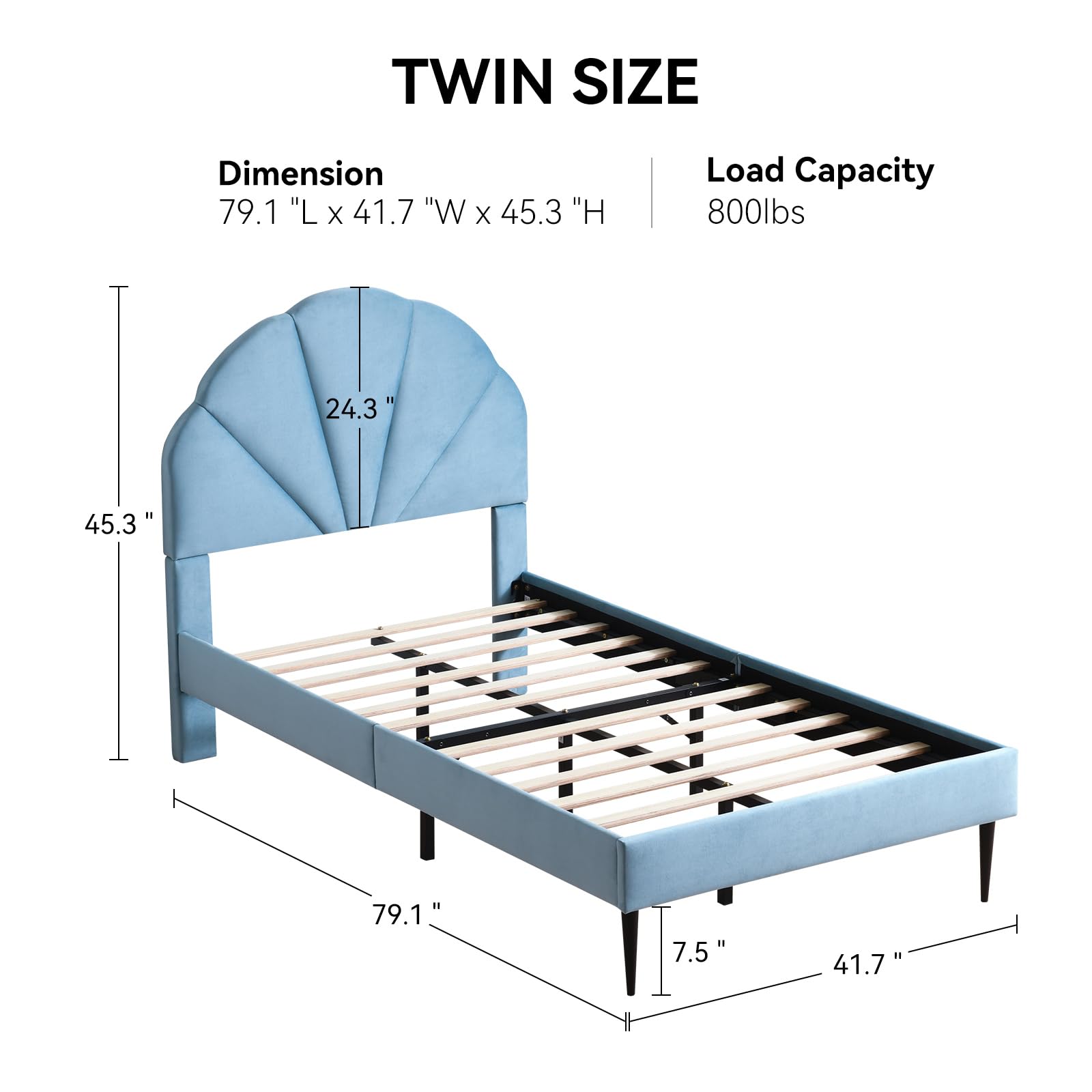 VELOCAVA Grey Bed Frame Twin Size, Cute Upholstered Bed with Sea Shell Tufted Headboard, Soft Velvet Platform Bed with Storng Wooden Slats Support, No Box Spring Needed, Easy to Assemble