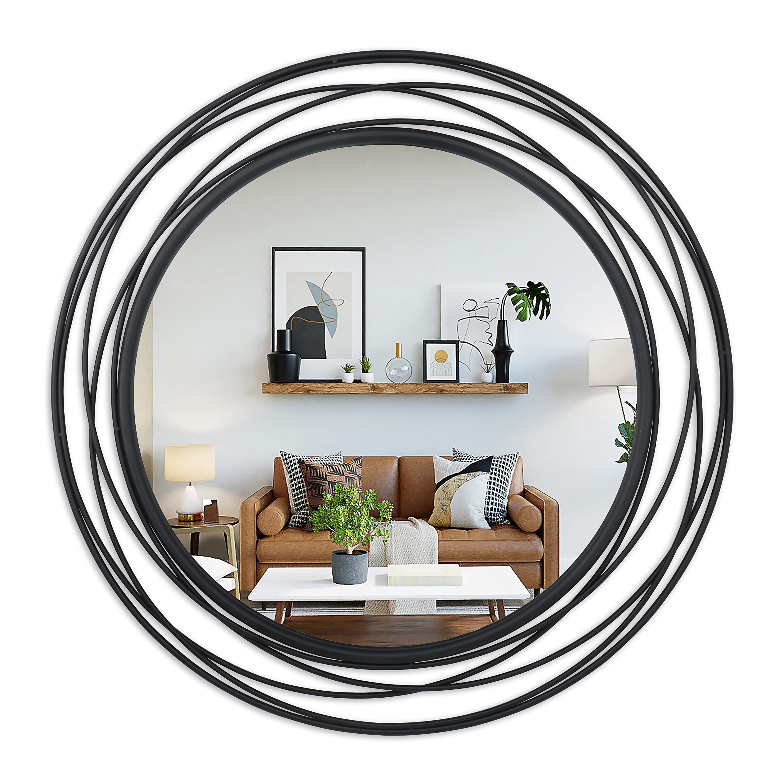 VELLQUE 36 inch Round Mirror Fireplace,Circle Wall Mirror for Bathroom Vanity,Large Circle Mirror for Wall Decor,Black Mirror for Bedroom,Hallway Mirror Wall Mount,Circle Bathroom Mirror Black