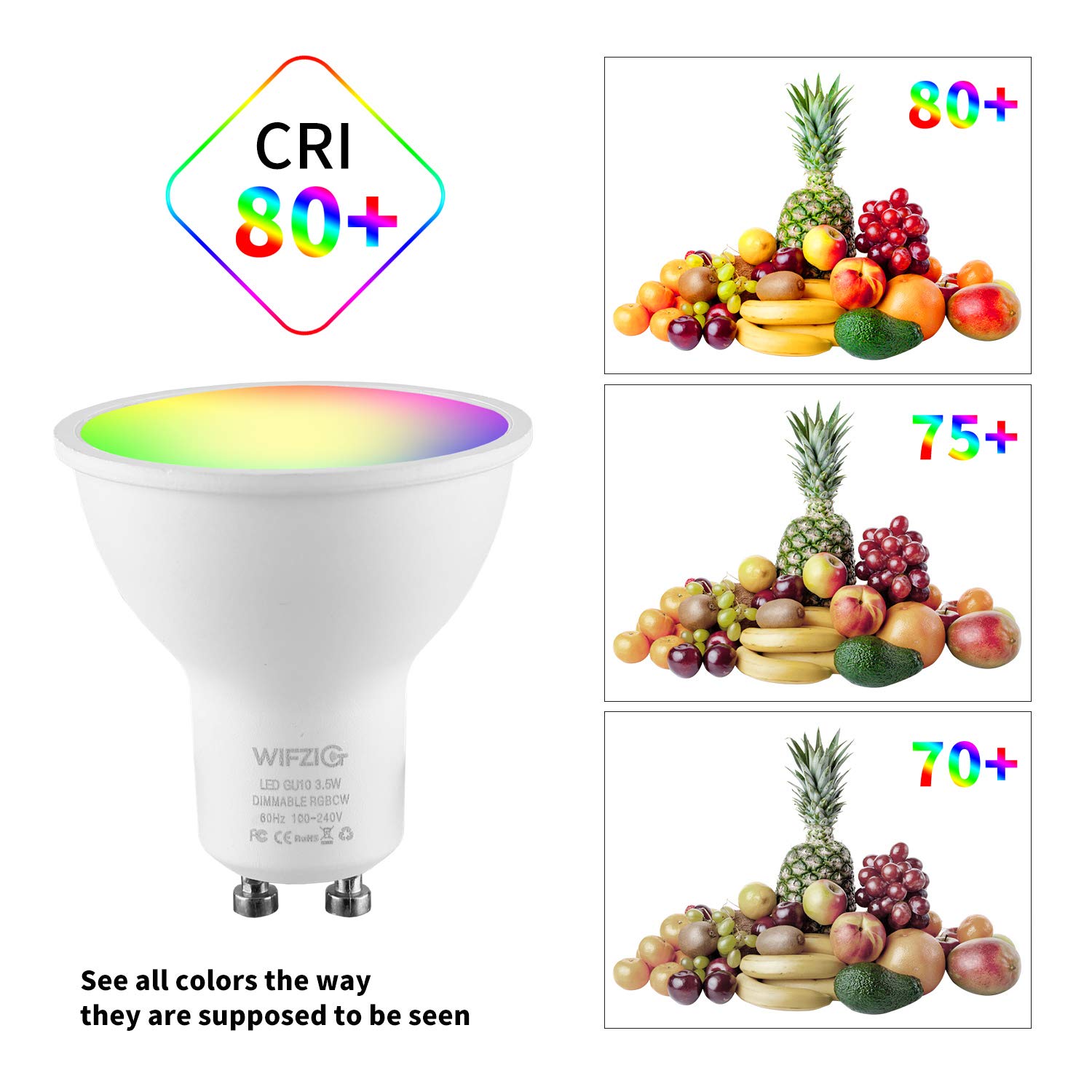 WIFZIG GU10 Smart LED Light Bulbs, RGB+CW Color Change,Compatible with Alexa&Google Assistant, 2700-6500K,Multicolor Track Light Bulb, Dimmable with App 50W Halogen Equiv,No Hub,2.4G WiFi Only(6Pack)