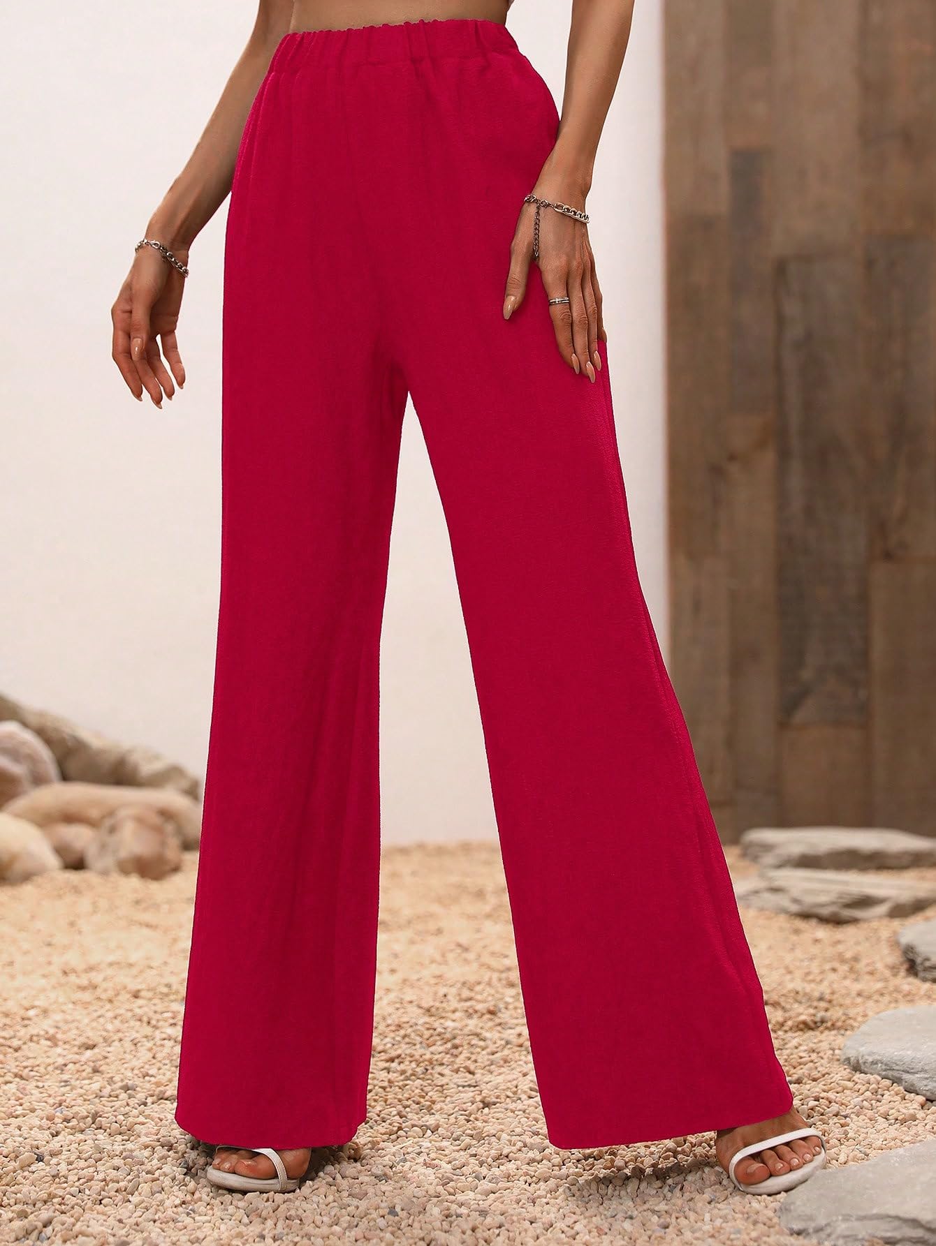 SweatyRocks Women's Elastic High Waist Basic Casual Office Trousers Loose Long Flare Leg Pants Hot Pink M