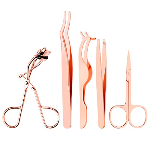 Yiwoo 5 Pieces Eyelash Applicator ToolďźFalse Eyelashes Applicator,Eyelashes Tool,Eyelashes Curlers,Curved Eyelash Curler(Rose Goldďź