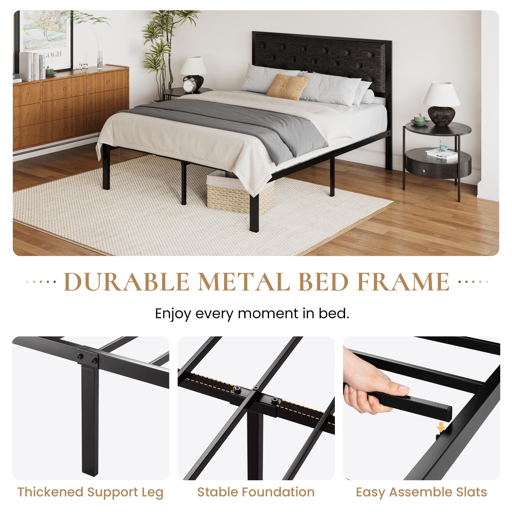 SHA CERLIN King Size Bed Frame, Metal Platform Bed with Faux Leather Upholstered Button Tufted Headboard, Mattress Foundation with 12.4” Storage, No Box Spring Needed, Easy Assembly, Black