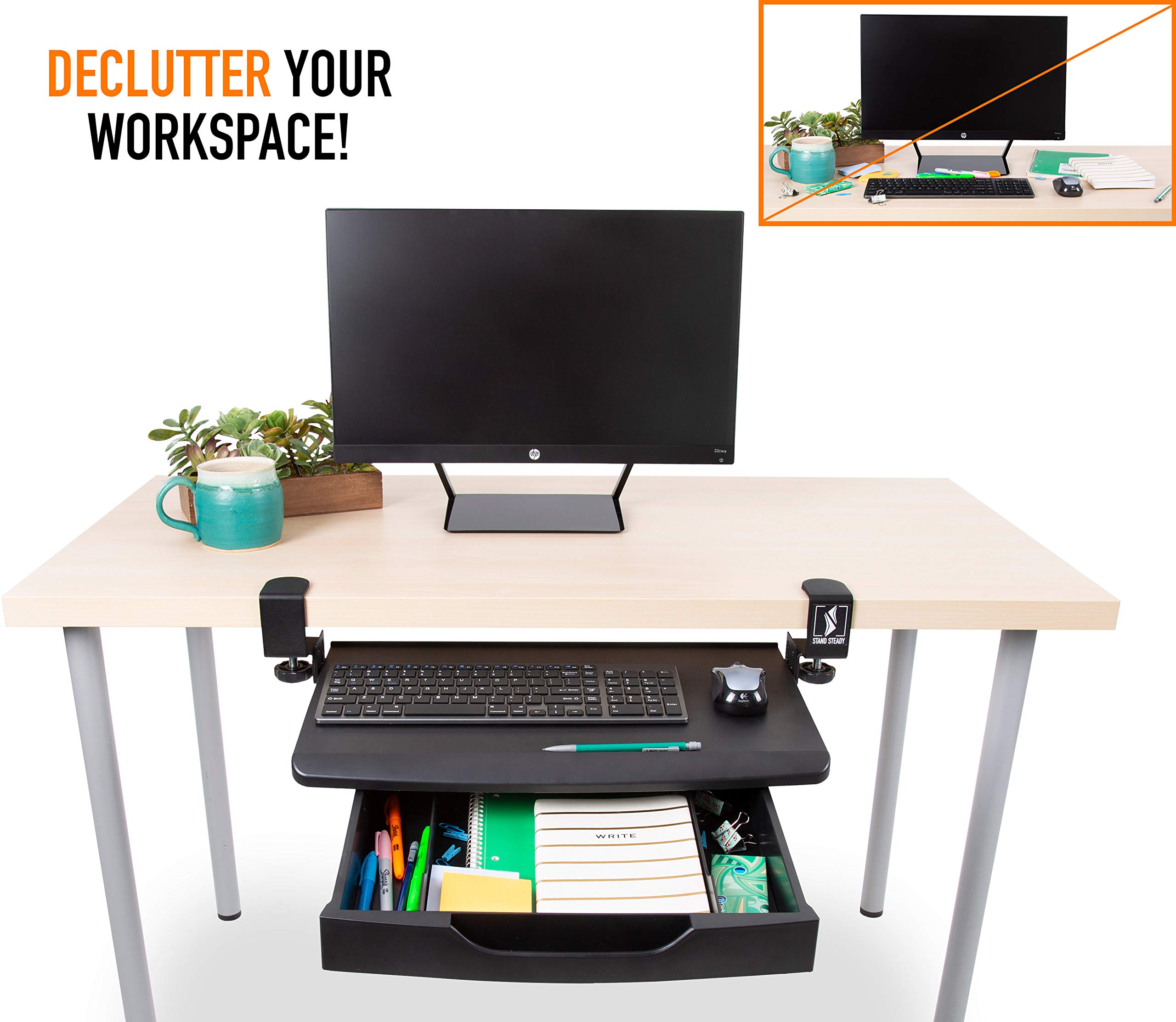 Stand Steady Clamp On Keyboard Tray with Drawer | Two in One | Under Desk Storage w/Damage-Free Easy Installation - No Drilling Needed | 3 Compartment Organizer w/Removable Dividers (24.5 x 11.8)