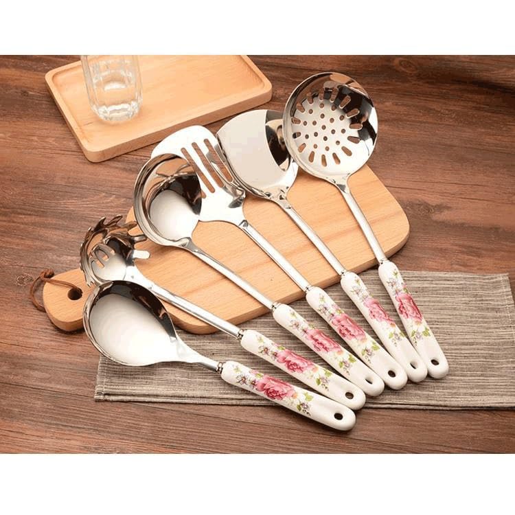 SLEEVY Ceramic Handles Cooking Tool Set Stainless Steel Kitchen Utensils Set Of Cookers Shovels Spoons (Color : Black, Size : 7 pieces)