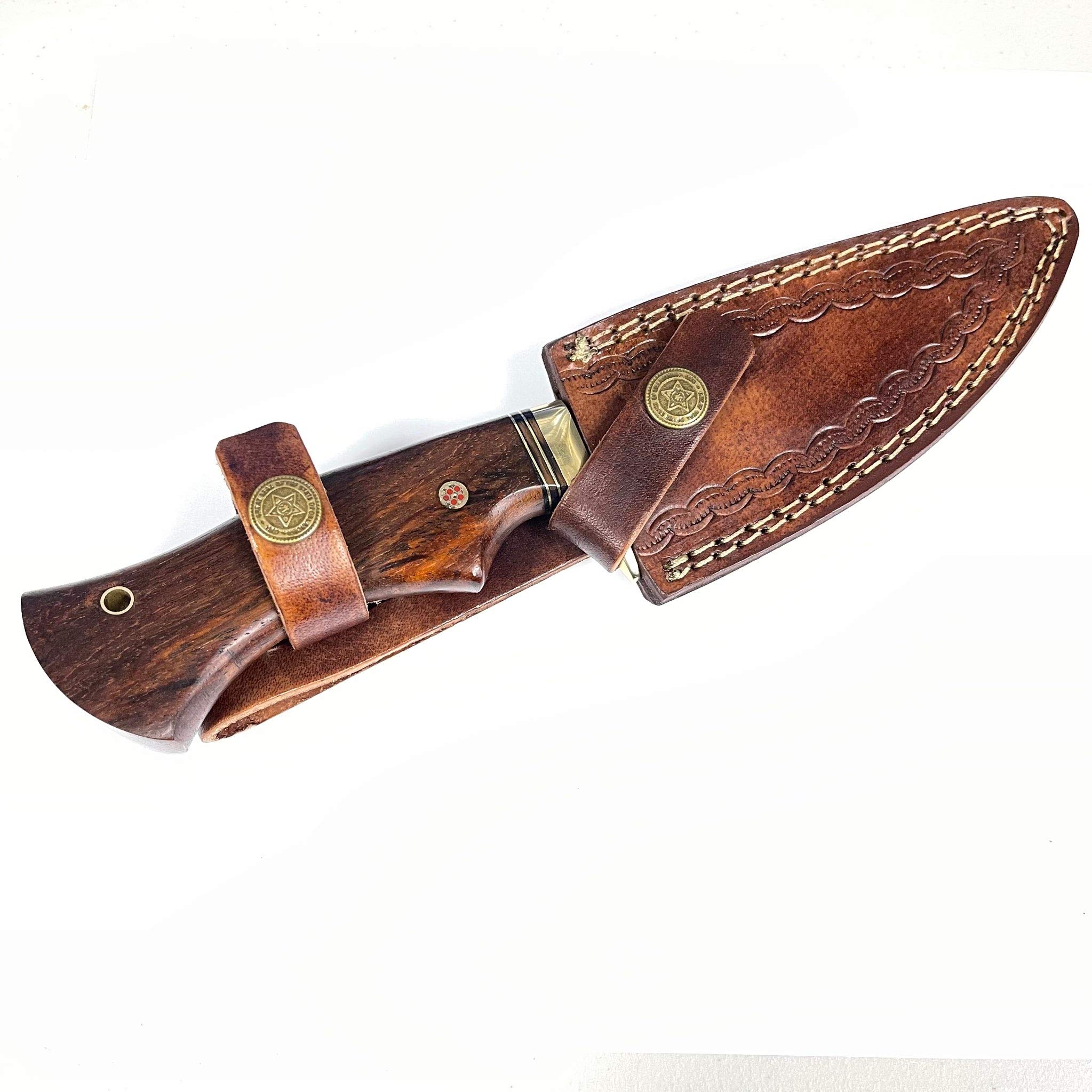 Vortex Blade Shop Custom Handmade Damascus Steel Hunting Survival Knife with Leather Sheath EDC 9.5" Overall Walnut Wood Handle and Brass Guard with Mosaic Pinned Handle