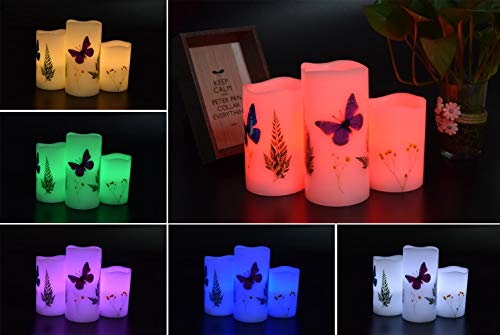 UNIVELA Candles Set of 3 Flameless 4" 5" 6" Unscented Tealight Butterfly Flower Plants Decor Real Wax Pillar Candle LED Lights 12 Color Changing 4H 8H Timer Remote Control AAA Batteries Operated