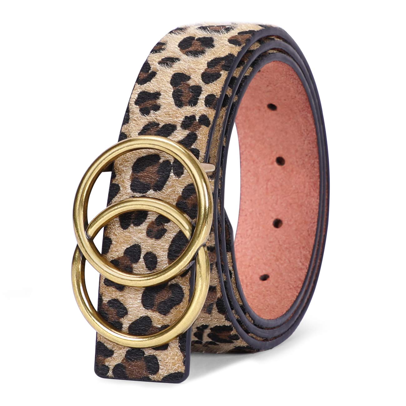 SUOSDEY Women's Leopard Print Leather Belt for Jeans Dresses Fashion Waist Belt with Gold Double Ring Buckle