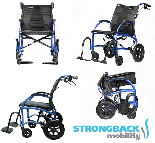 Strongback Mobility Excursion 12S+AB Lightweight Folding Wheelchair for Adults and Seniors - Transport Chair with Built-in Adjustable Lumbar Support; 18" Seat (12" Rear Wheels)