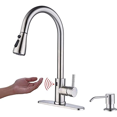 Touchless Single Kitchen Faucet High Arc Pull Out Faucet, Kitchen Faucet with Pull Down Sprayer with Kitchen Soap Dispenser for Kitchen Sink