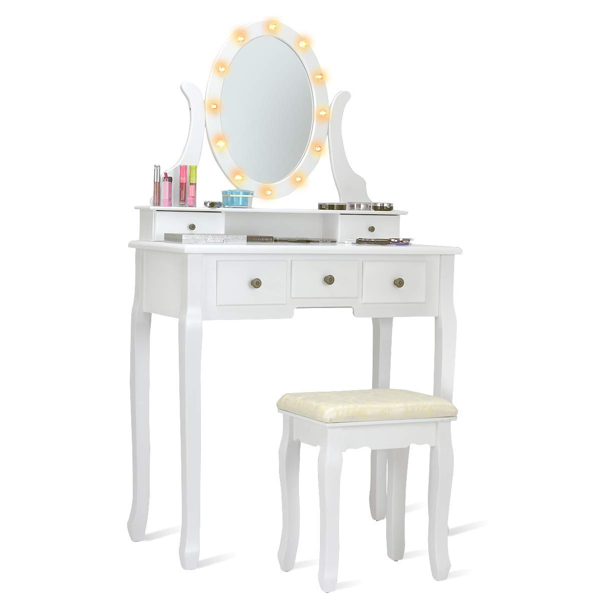 Vanity Set Cushioned Stool, 360° Spinning Oval Mirror Makeup Dressing Table with 12 LED Lights, Removable Top, 5 Storage Drawers, for Bedroom Bathroom, White