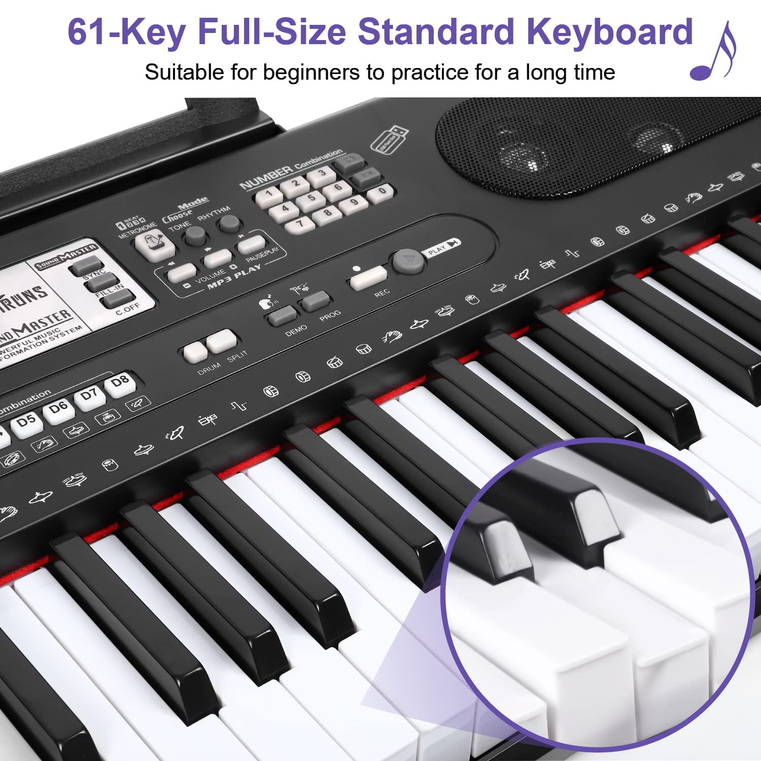 ZHRUNS Electric Keyboard Piano 61-Key, Multifunctional Musical Piano Keyboard Portable with Headphone Jack & Microphone,USB MP3 Play, Dual Power Supply,Music Sheet Stand for Beginners/Adults
