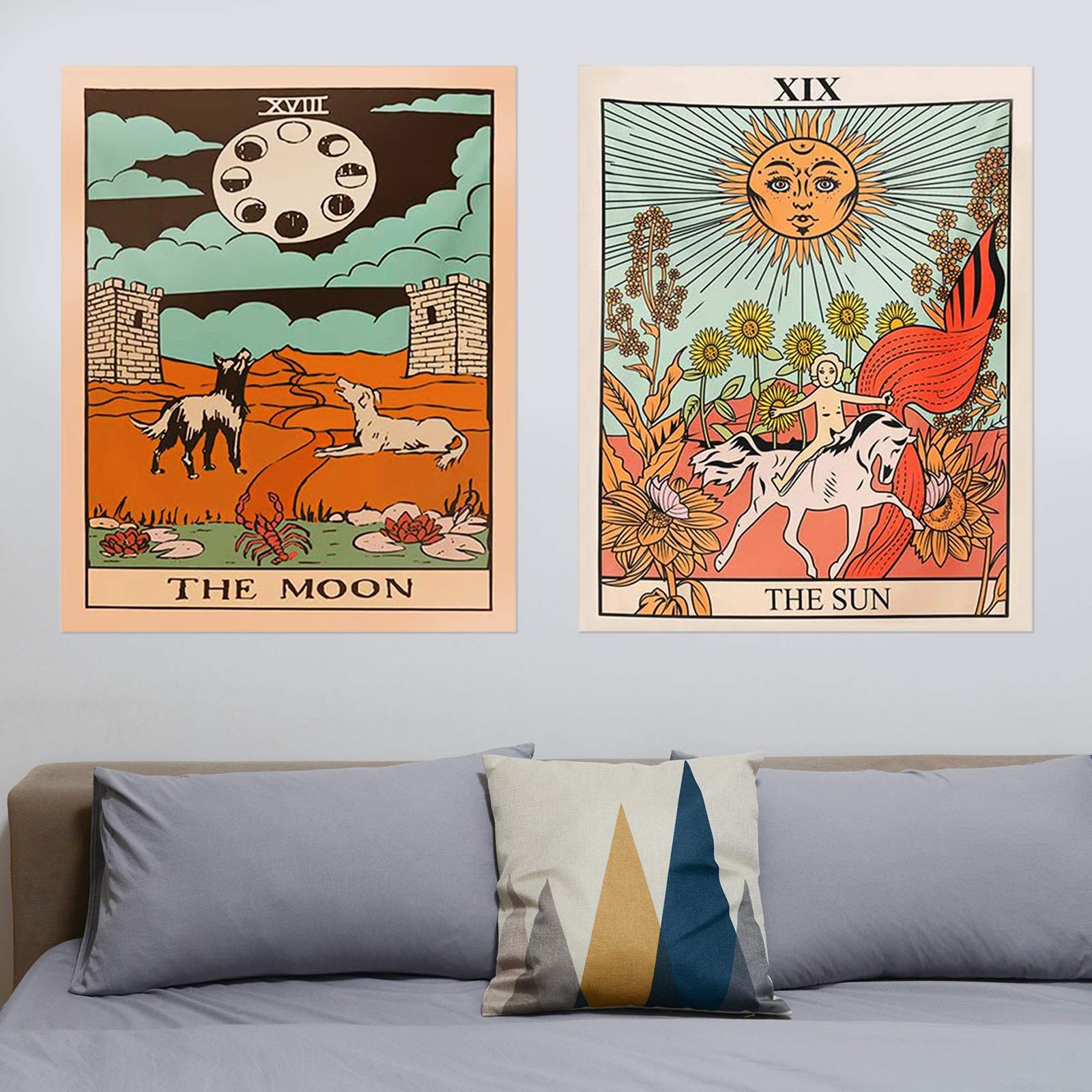 ZeeDix 4 Pcs Tarot Flag Tapestry- Small Tarot Card Europe Mysterious Medieval Tapestry, The Strength, The Sun, The Moon, The Star Astrology Divination Tapestry for Home Room with Seamless Nails