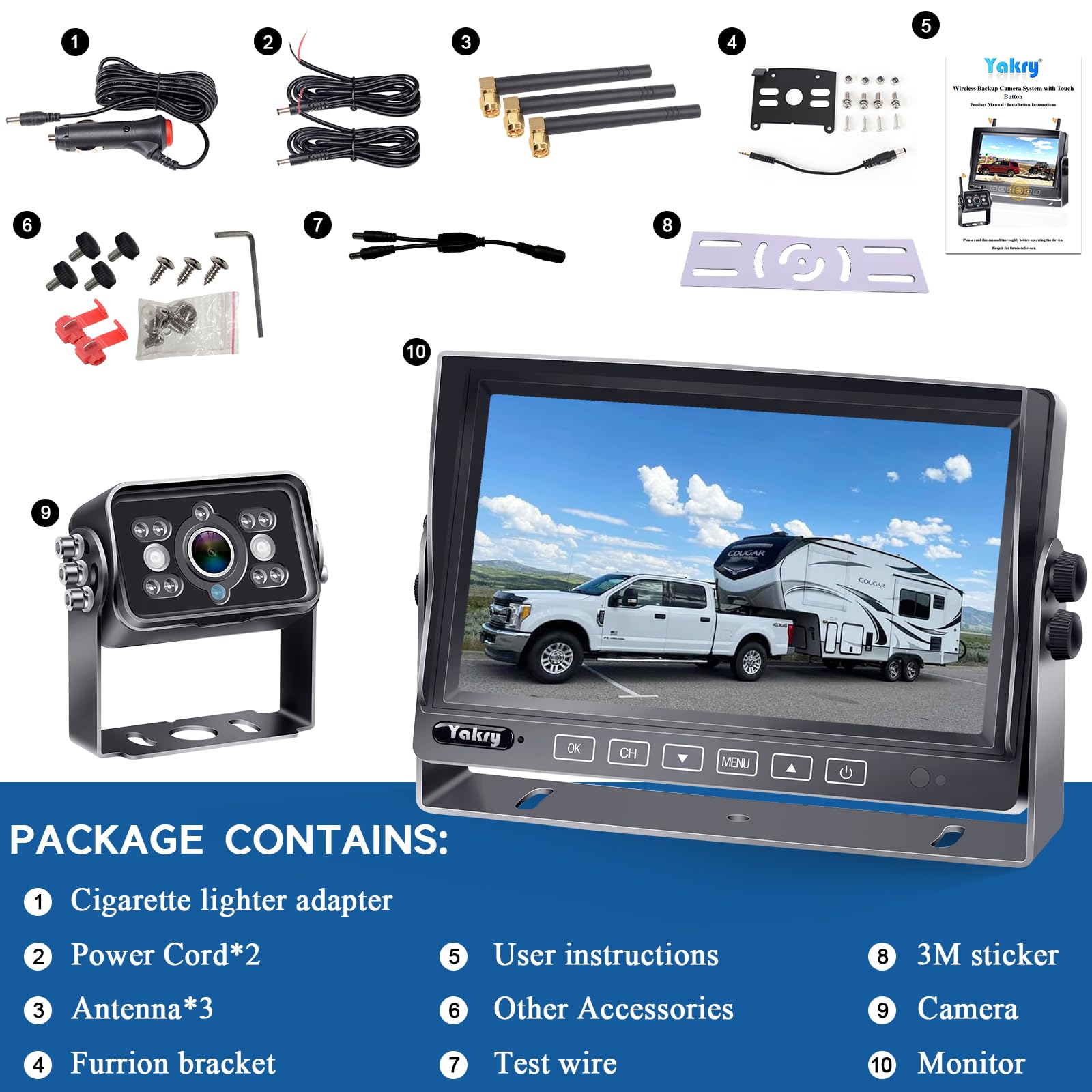 Yakry RV Backup Camera Wireless System - 7'' HD Reverse Camera for Truck with DVR Monitor -Bluetooth Trailer Back up Camera with Night Vision Waterproof -Rear View Camera for Furrion Pre-Wired RVs Y22