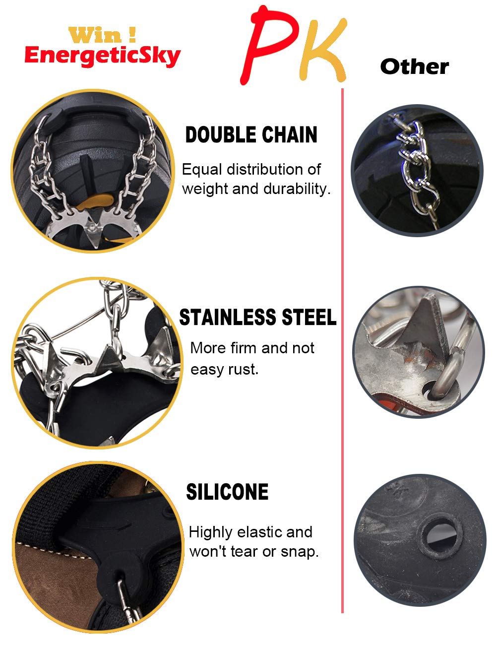 Upgraded Version of Walk Traction Ice Cleat Spikes Crampons,True Stainless Steel Spikes and Durable Silicone,Boots for Hiking On Ice & Snow Ground,Mountian.