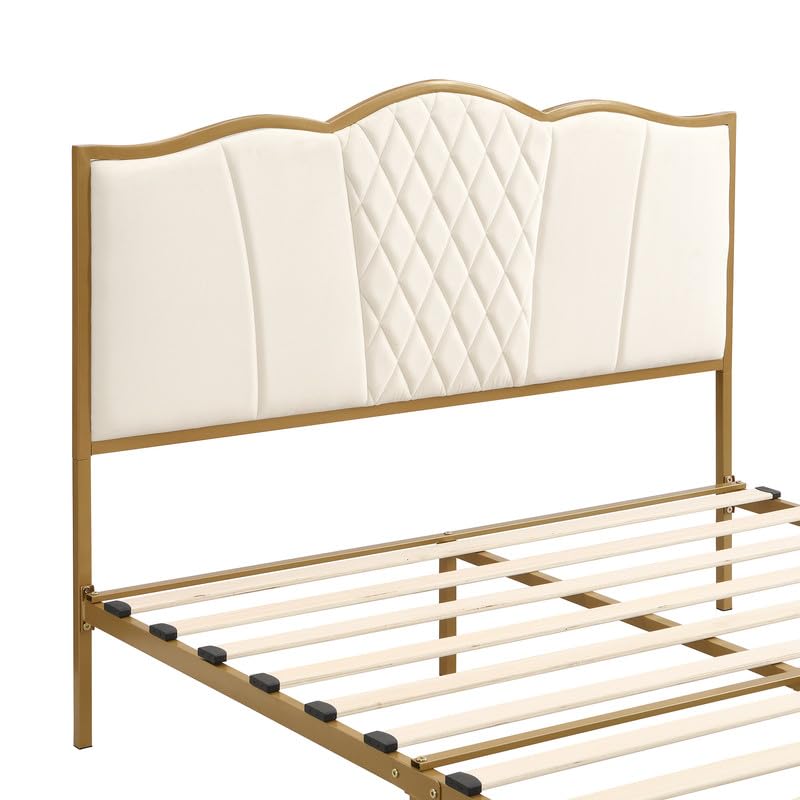 Queen Size Bed Frame, with Tufted Headboard, Golden Metal Platform Bed Frame with Wood Slat Support, Noise Free, No Box Spring Needed,Beige
