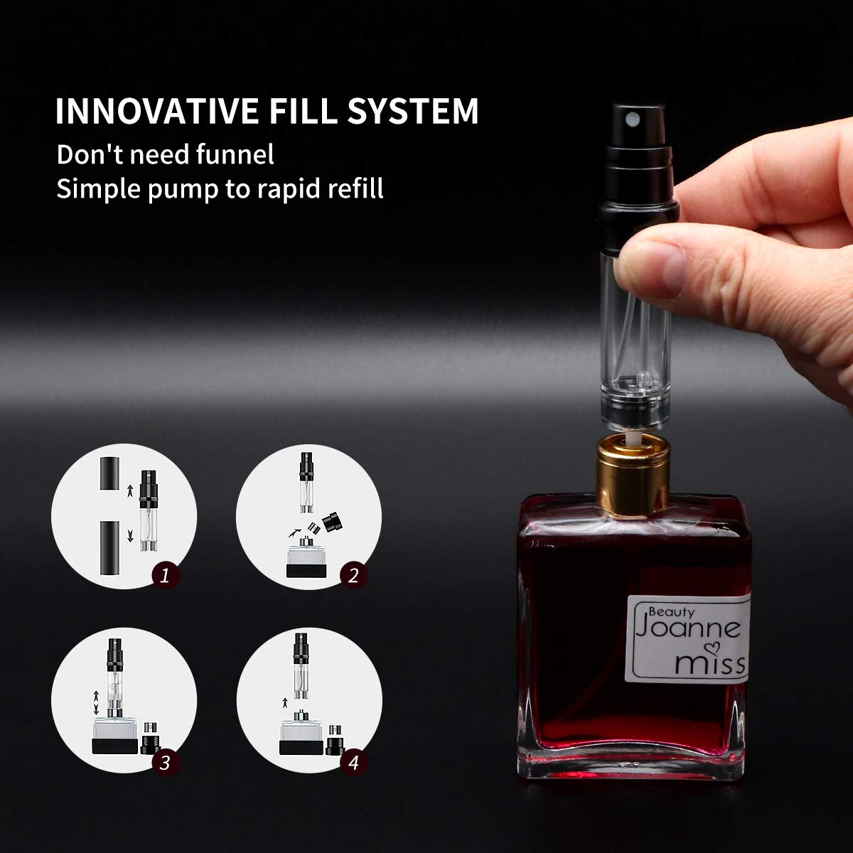 Travel Refillable Perfume Bottle, Mini Portable Perfume Empty Atomizer with Fine Spray Pump, Leaking Proof Perfume Container for Women & Men, 5ml (Black)