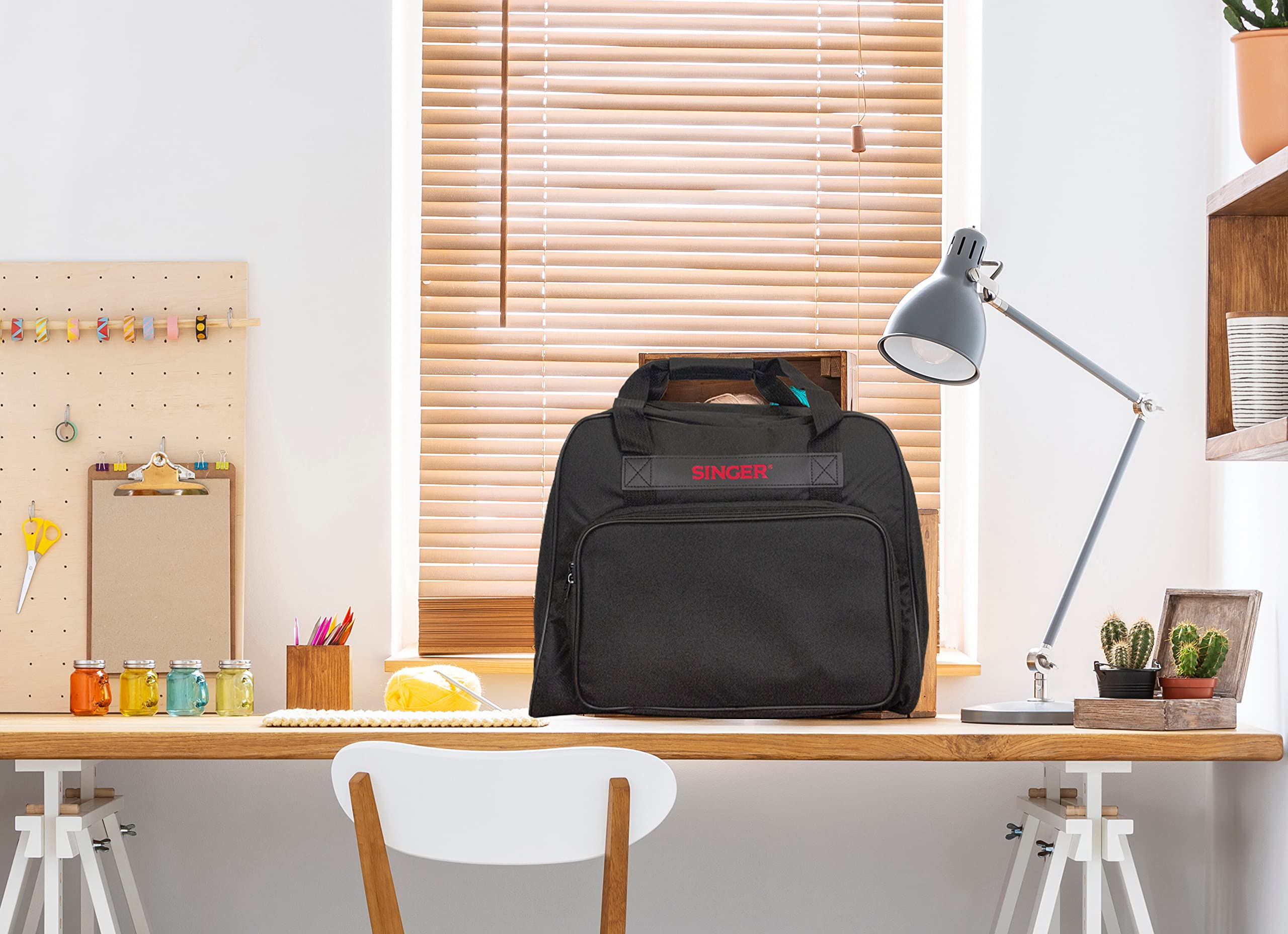 SINGER | Machine Carrying Case, Black, Spacious Case Fits Most Standard Sewing Machines and Sergers, Fully-Padded Interior, Durable Canvas Exterior, Easy Zip, Large Front Pocket, Easy Transport
