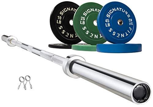 Signature Fitness 2" Olympic Bumper Plate Weight Plates with 7FT Olympic Barbell, 160LB Set with 7FT Barbell, Colored