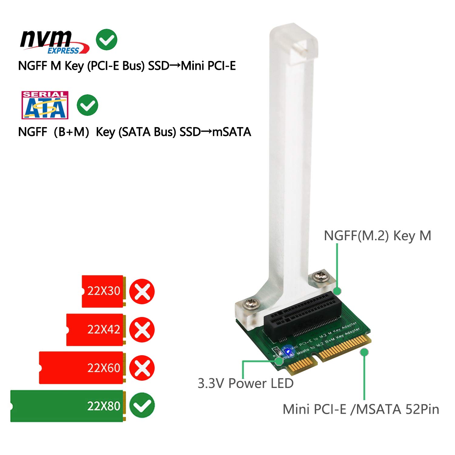 Sintech M.2 nVME SSD to Mini PCI-E,M.2 B-Key SATA Bus SSD to mSATA Adapter Card