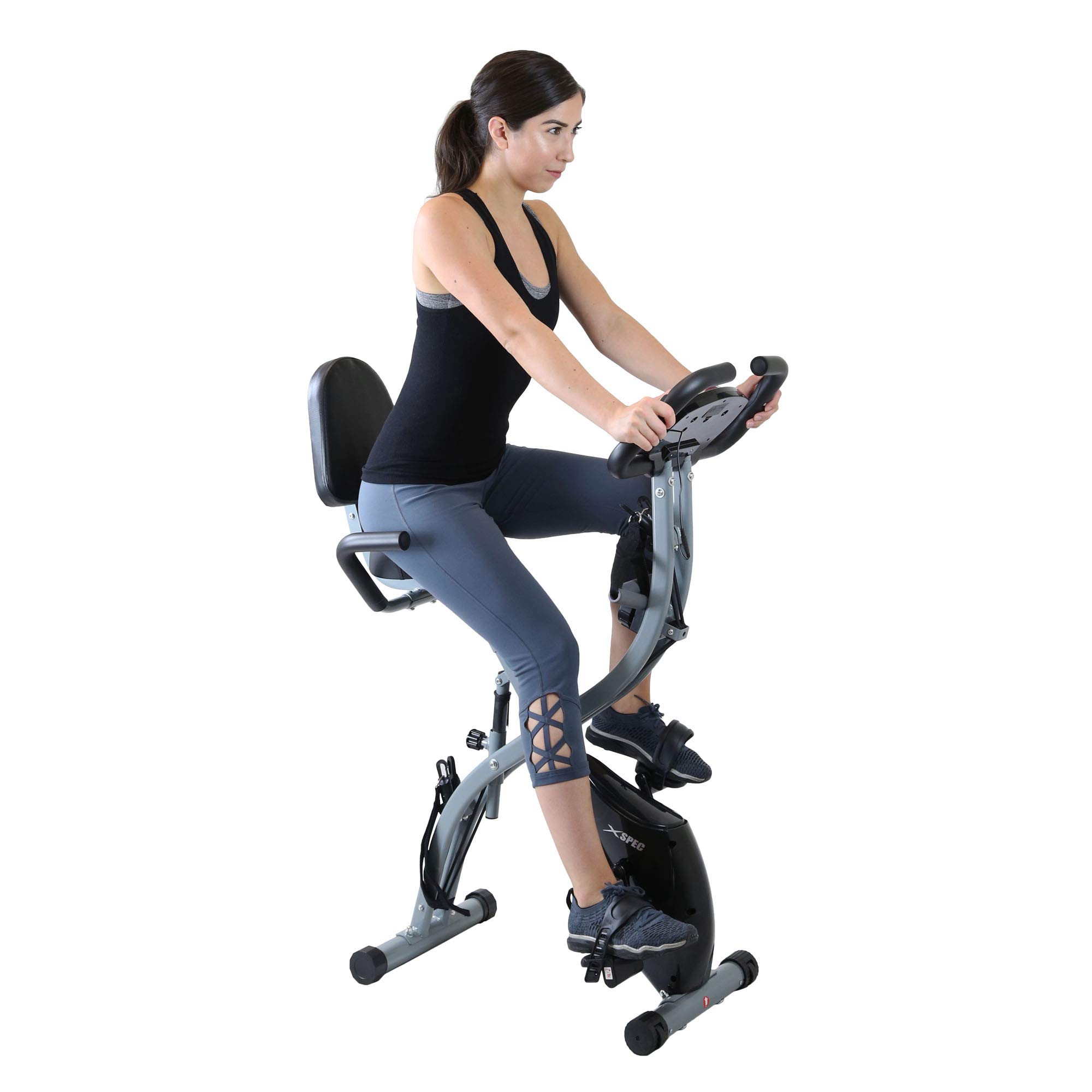 Xspec Recumbent Upright Indoor Cycling Bike, Foldable Exercise Bike with Resistance Bands and Phone/Tablet Holder,16-Level Magnetic Resistance, LCD Display Grey