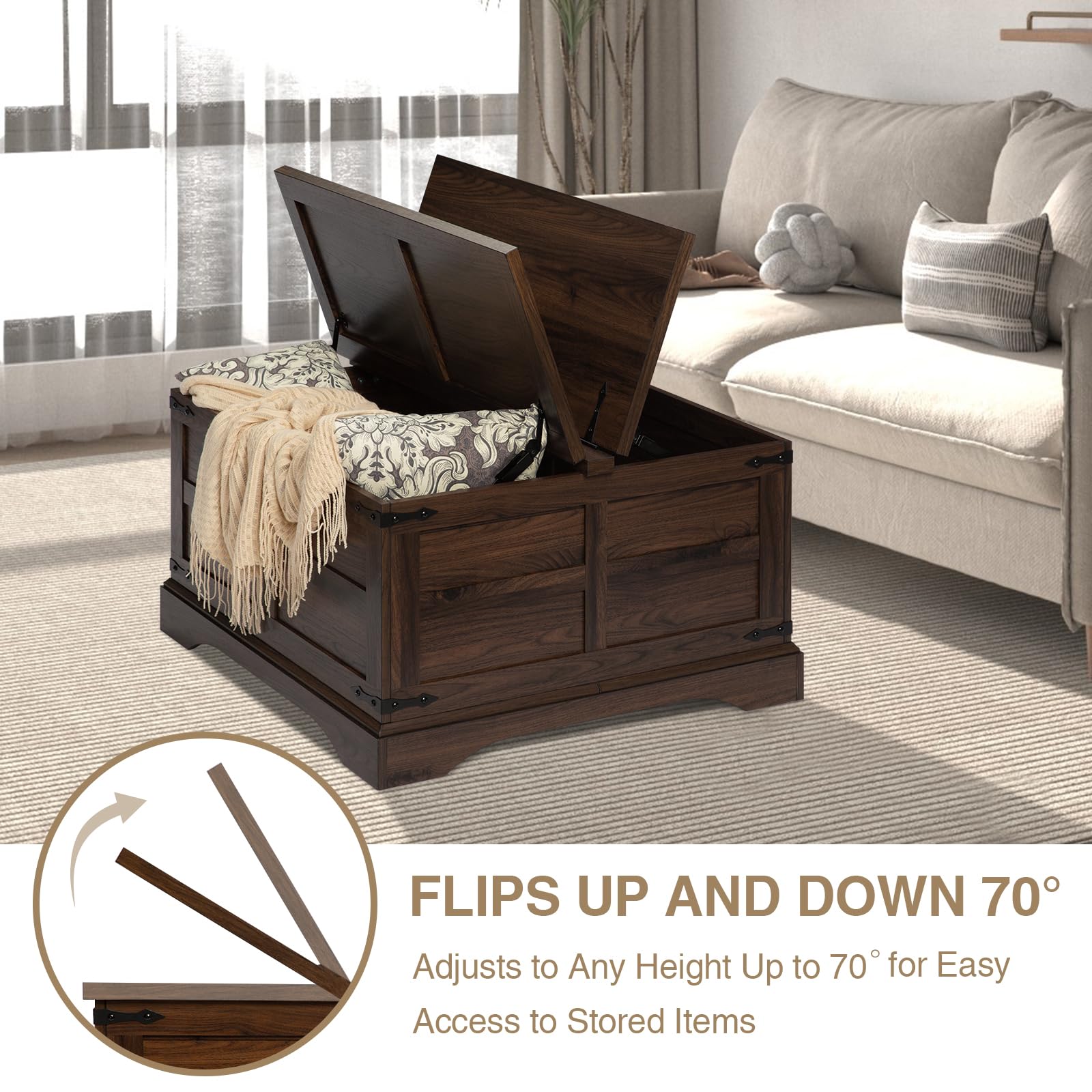Wnutrees Farmhouse Coffee Table with Hinged Lift Top and Large Hidden Storage Compartment, Rustic Square Wood Central Table for Living Room, Bedroom, Home Office,Walnut