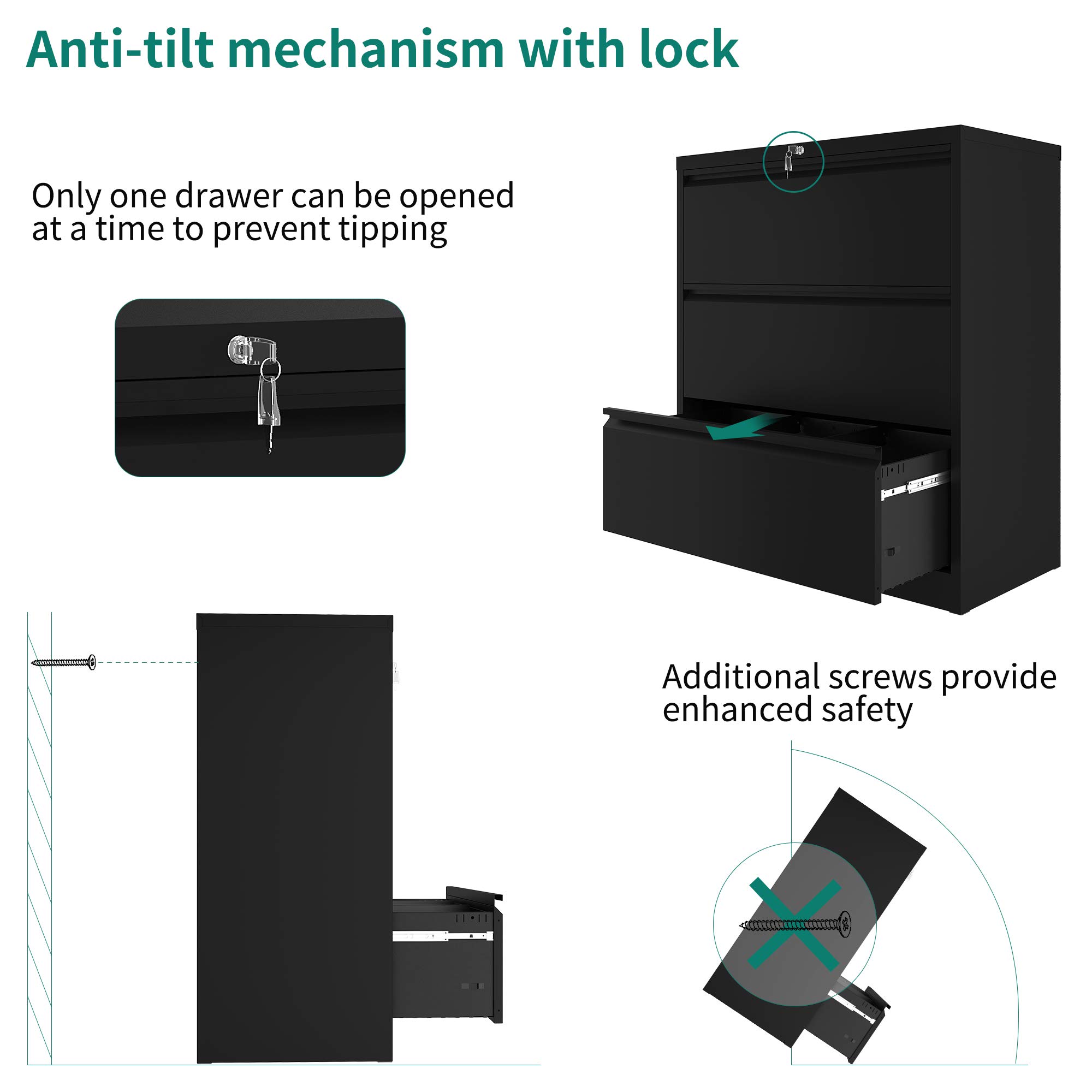 YITAHOME 2 Drawer Lateral File Cabinet, Stainless Steel Wide Lateral File Cabinet with Lock, Metal Filing Storage Cabinet for Legal/Letter A4 Size, Assembly Required,Office Organizer (Black)