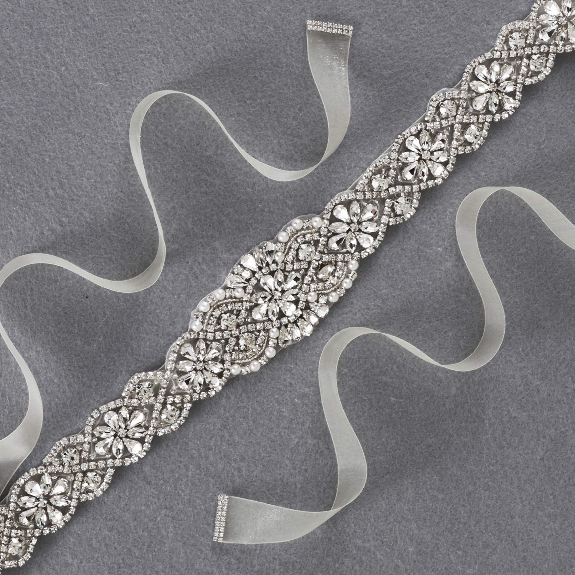 yanstar Bridal Rhinestone Wedding Belts Hand Clear Crystal 22In Length with Ivory Organza Ribbon for Bridal Gowns