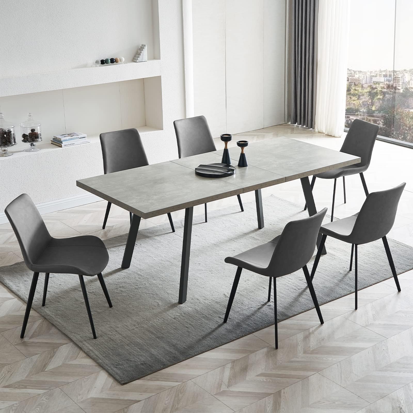 Zerifevni 7 Piece Dining Table Set, 62 Inch Modern Kitchen Table with 6 Dining Chairs for 4-6 Person, Expandable MDF Dining Table with Steel Legs for Dining Room, Kitchen, Save Space