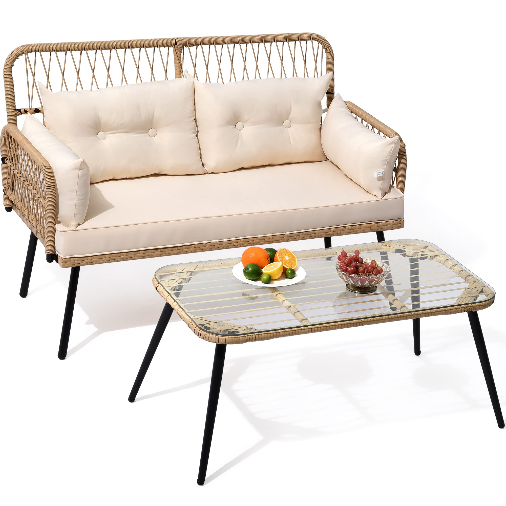 YITAHOME 2-Piece Patio Furniture Wicker Outdoor Loveseat, All-Weather Rattan Conversation for Backyard, Balcony and Deck with Soft Cushions and SideTable (Light Brown+Beige)