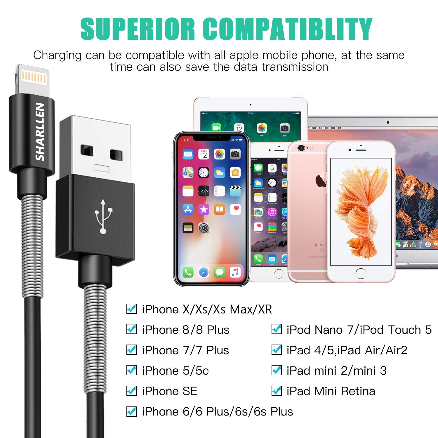 sharllen Lightning Cable Spring iPhone Charger Cable 5 Pack [3/6/10FT] USB Fast Charging & Data Sync Cord Long Charging Cable Compatible iPhone Xs/MAX/XR/X/8/8P/7/7P/6/iPad/iPod(Black)