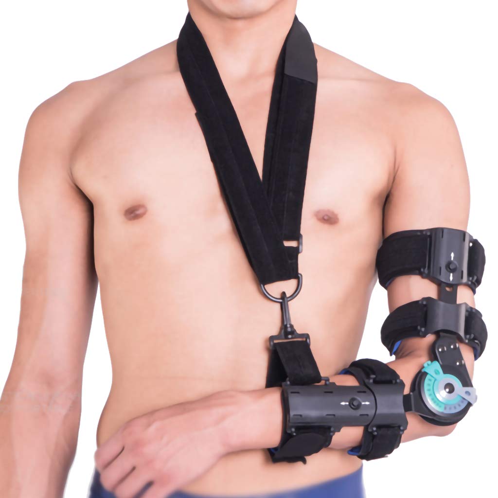 XMJESS Hinged ROM Elbow Brace with Sling Adjustable Elbow Support Stabilizer Splint for Ligament Strains Post OP Recovery, Universal Size (Left)