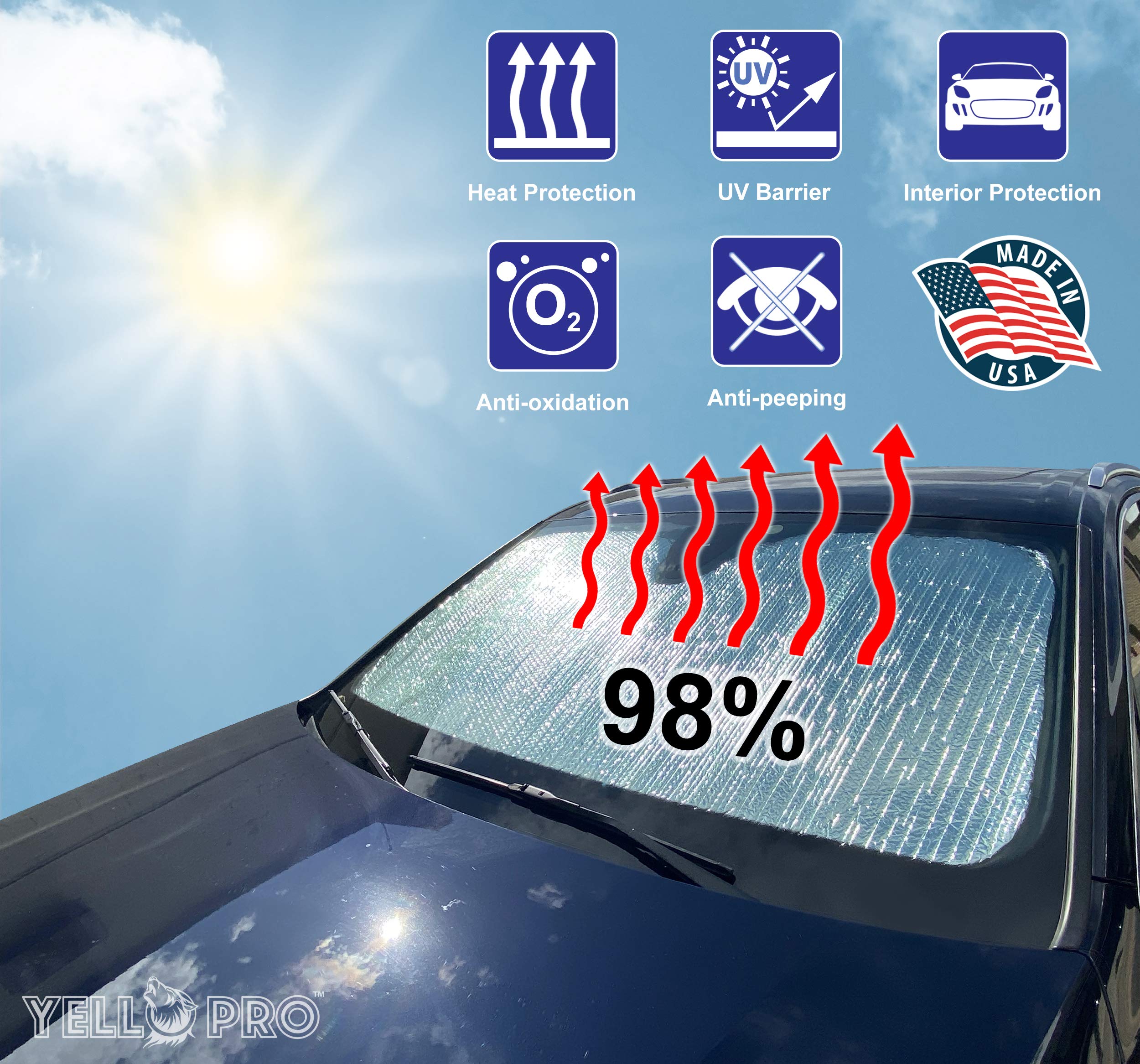 YelloPro Auto YelloPro Custom Fit Reflective Front Windshield Sunshade for 2021 2022 2023 2024 Ford Bronco SUV - (Nor for Sport Model), Sun Protection UV Reflector Accessories [Made in USA]