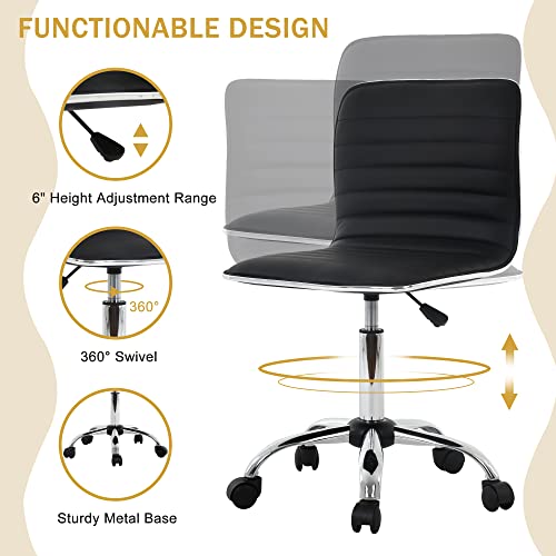 Vanity Chair Makeup Chair PU Leather Low Back Home Office Desk Chair Height Adjustable 360° Swivel Rolling Computer Chair Modern Executive Task Chair without Armrest for Vanity Makeup Room(Black)