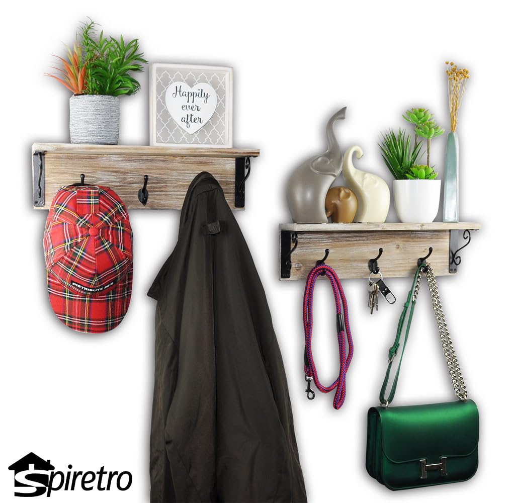 Spiretro Coat Hook Rack with Shelf, Wall Floating Shelves with Leash Key Holder, Hat Bag Organize, Storage, Decorative for Entryway, Hallway, Bedroom, Set of 2, Rustic Wood White