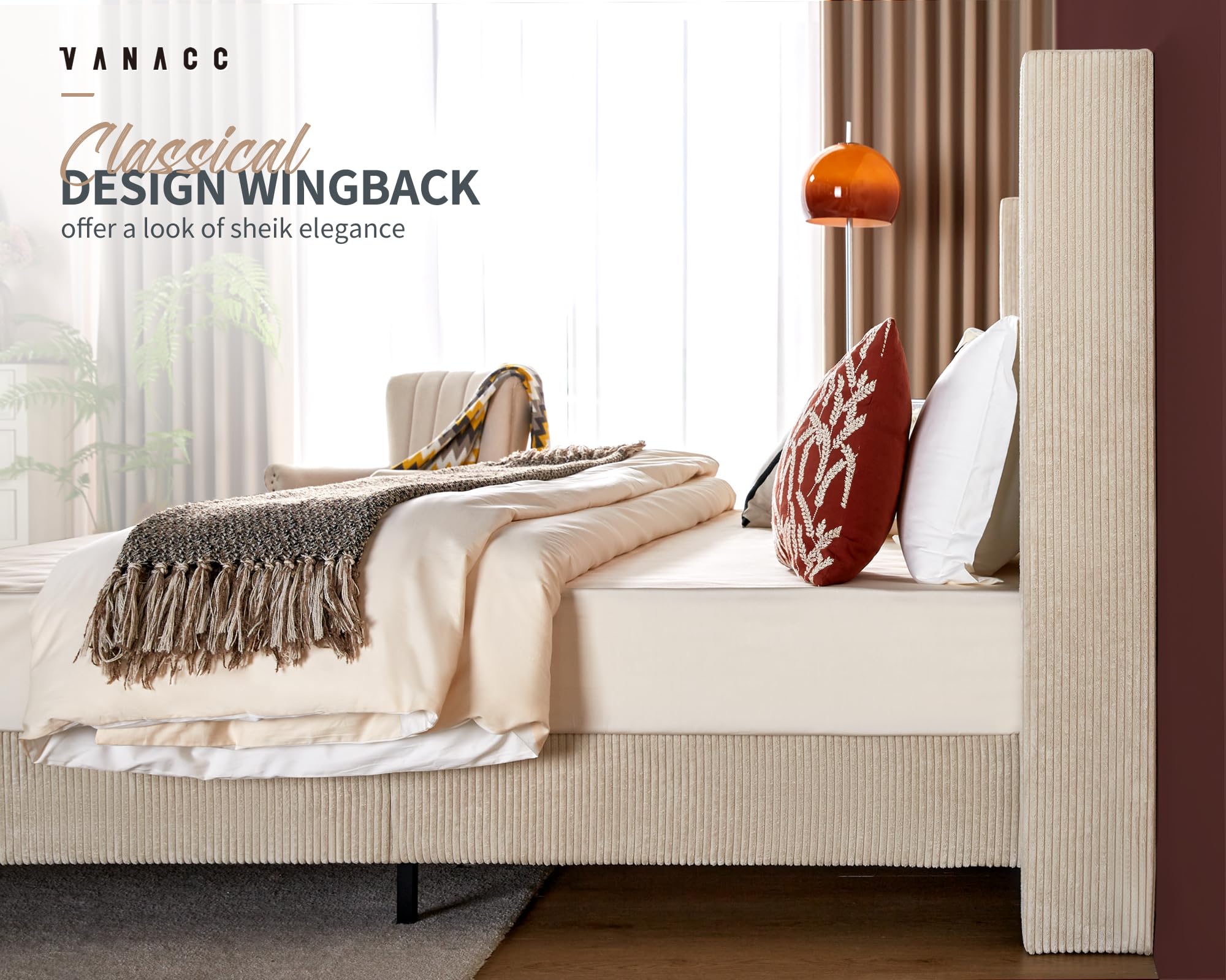 VanAcc King Size Platform Bed Frame, 50.8" Corduroy Upholstered Bed with Vertical Channel Tufted Headboard/Wooden Slats/Wingback/No Box Spring Required/Beige