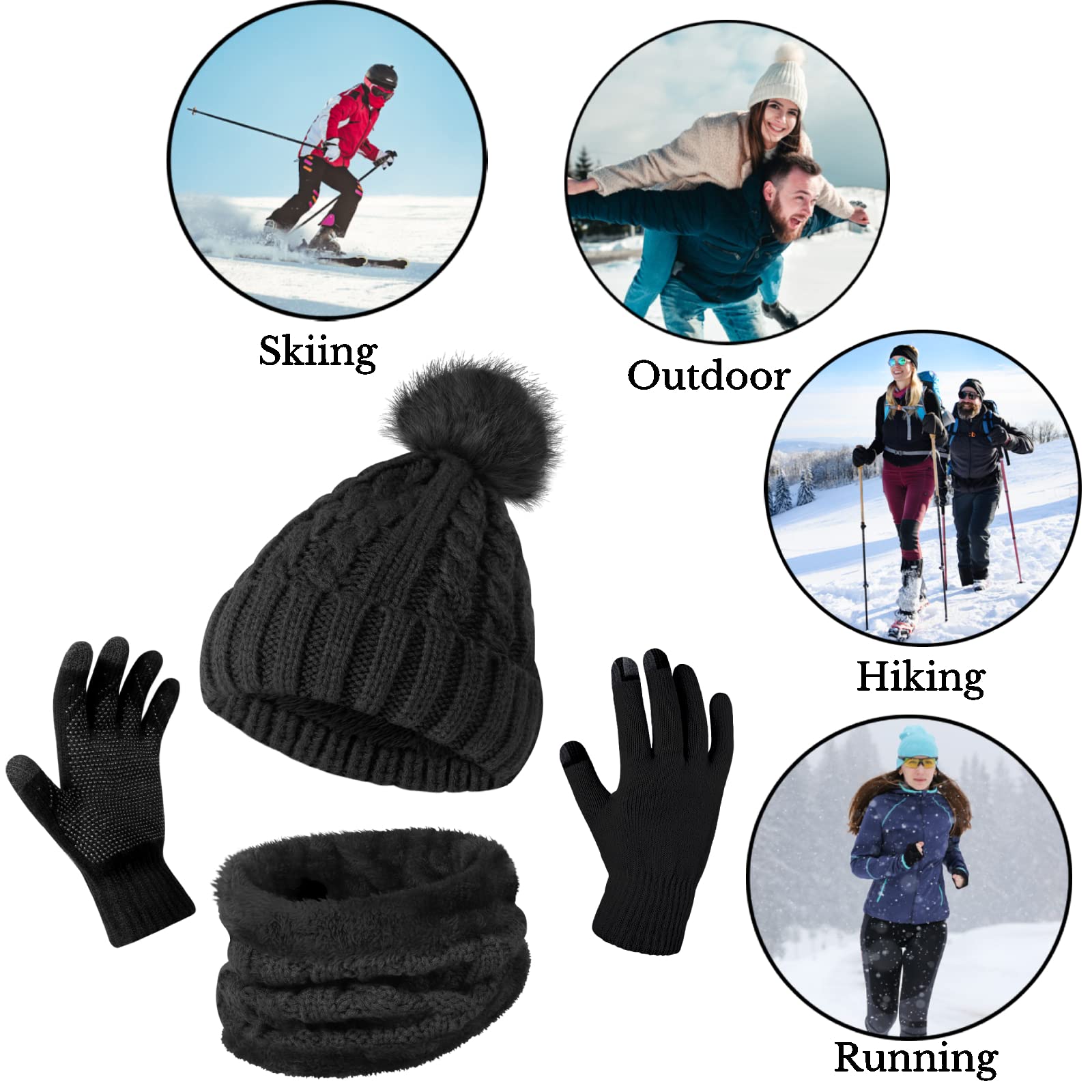YSense Womens Winter Hat Scarf Glove Set, Warm Fleece Lined Pom Beanie Hat Neck Warmer and Touchscreen Gloves