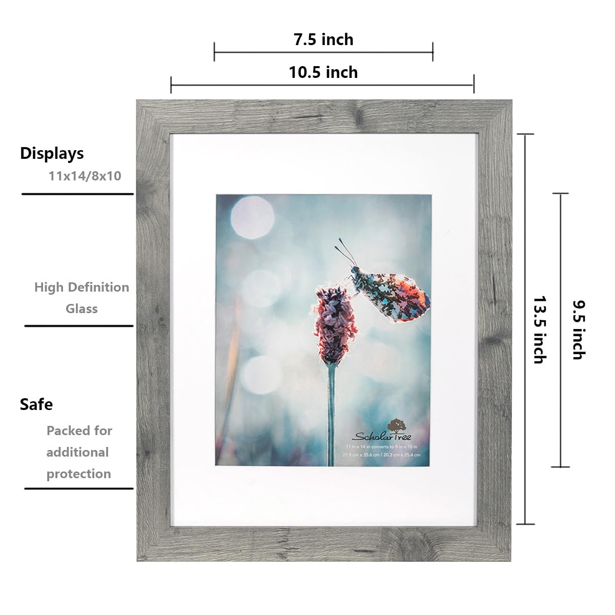 Scholartree Grey 11x14 Picture Frame set of 2,Display 11x14 without Mat or 8x10 with Mat,Wall Gallery Photo Frames