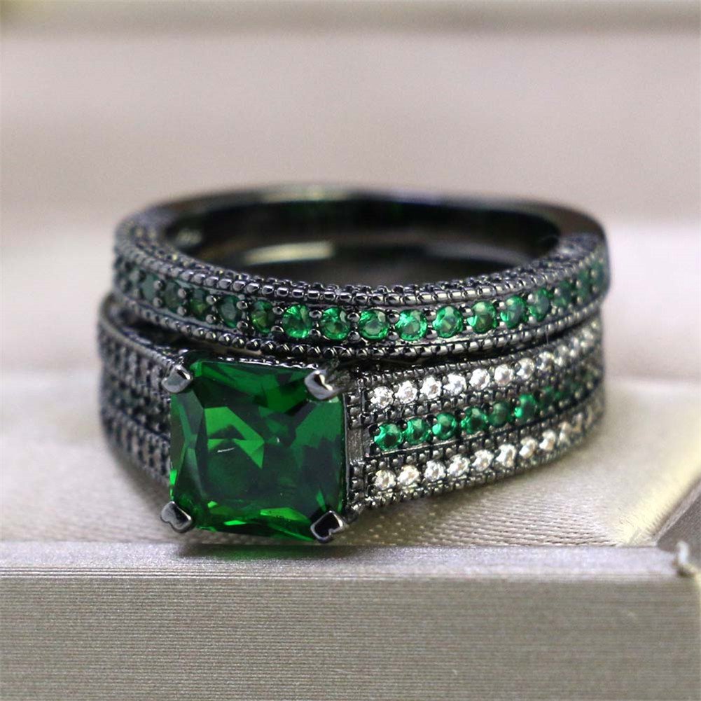Two Rings His Hers Wedding Ring Sets Couples Matching Rings Women's Black Gold Filled Green CZ Wedding Engagement Ring Bridal Sets Men's Stainless Steel Wedding Band