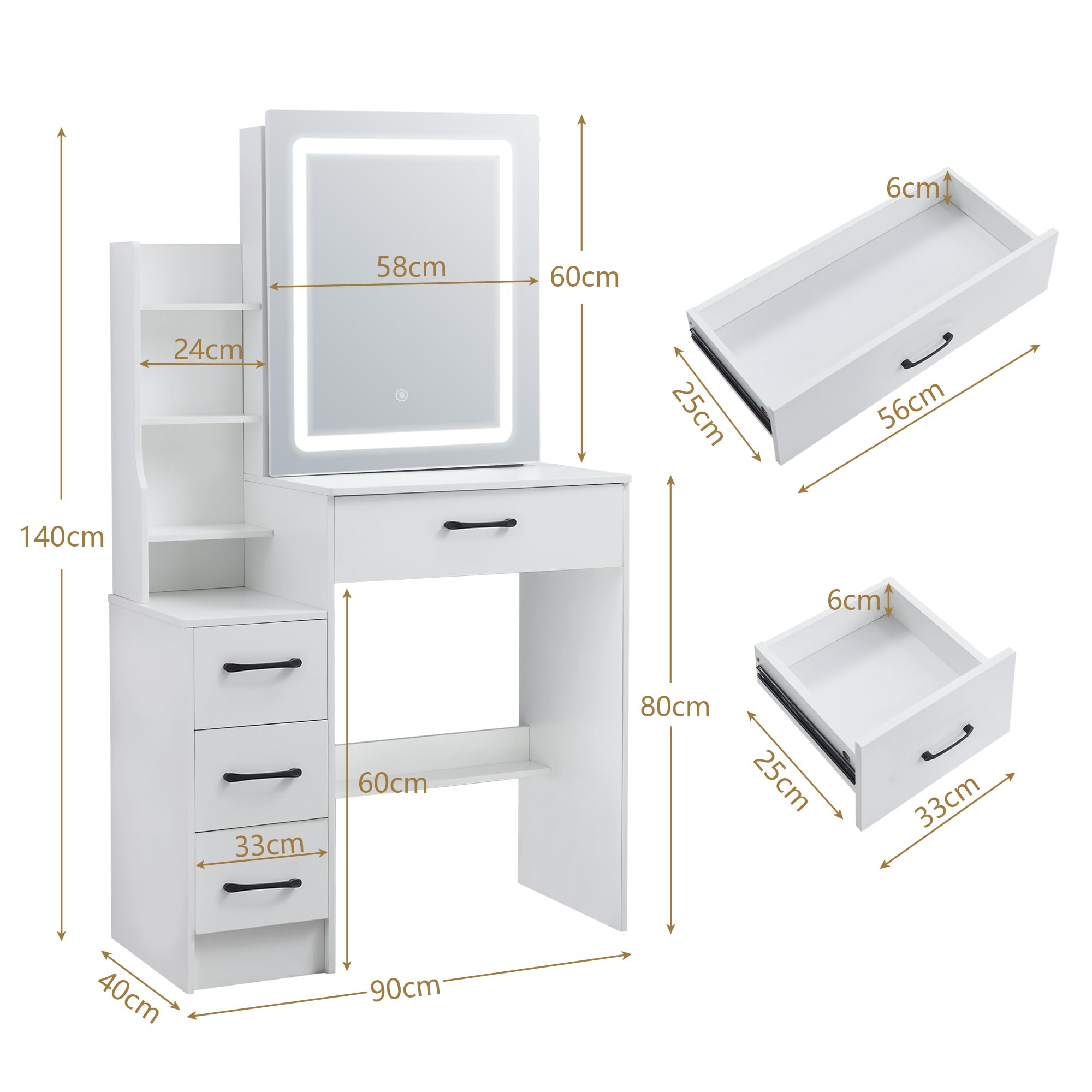 Vanity Desk with Mirror and Light, Large Makeup Vanity with 4 Drawers, Modern Vanity Set with Stool & Shelves, Vanity Dressing Table for Girls Women Bedroom