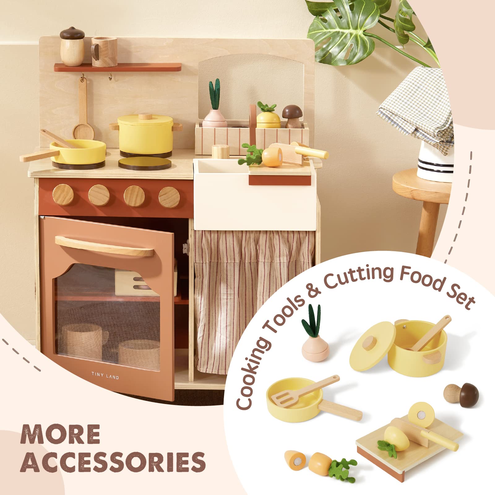 Tiny Land Play Kitchen Set, Toddler Kitchen with Cutting Food Set, Wooden Kitchen Sets for Kids, Farm Style Toy Kitchen Playset, Best Gift for Girls and Boys