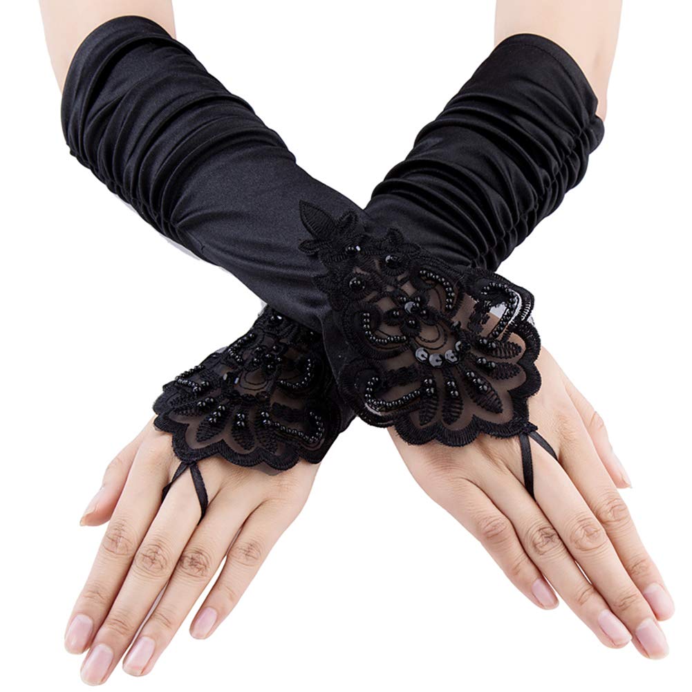 Xuhan 15"/ 21" Long Flapper Evening Opera Satin Gloves for Women Elbow Length 1920s (Black-13.8 inches)