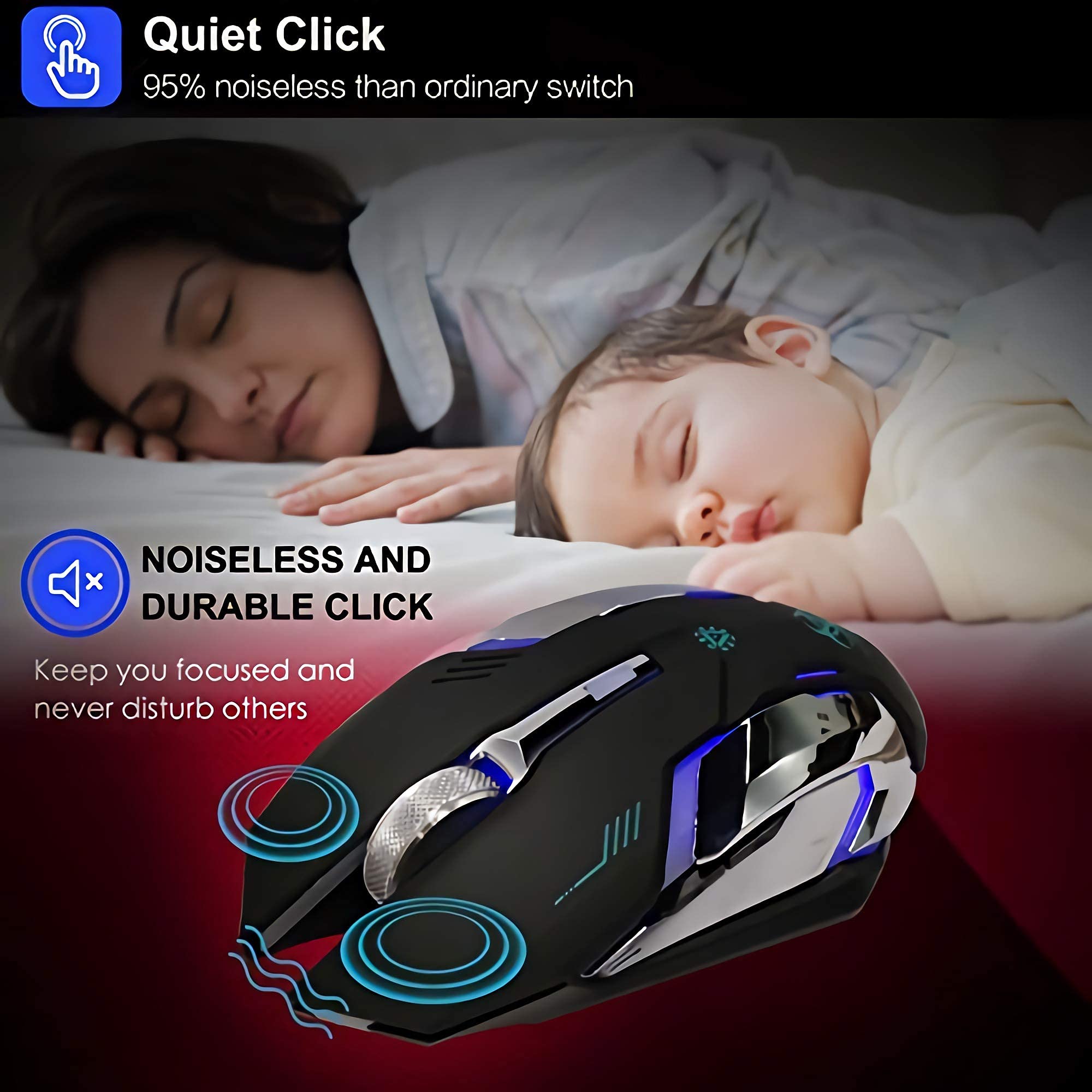 VEGCOO Wireless Gaming Mouse, Silent Wireless Mouse, Rechargeable Computer Mice with Colorful RGB LED Lights and 3-Level-Adjustable DPI, 6 Buttons Mouse with Side Buttons for Laptop and Desktop