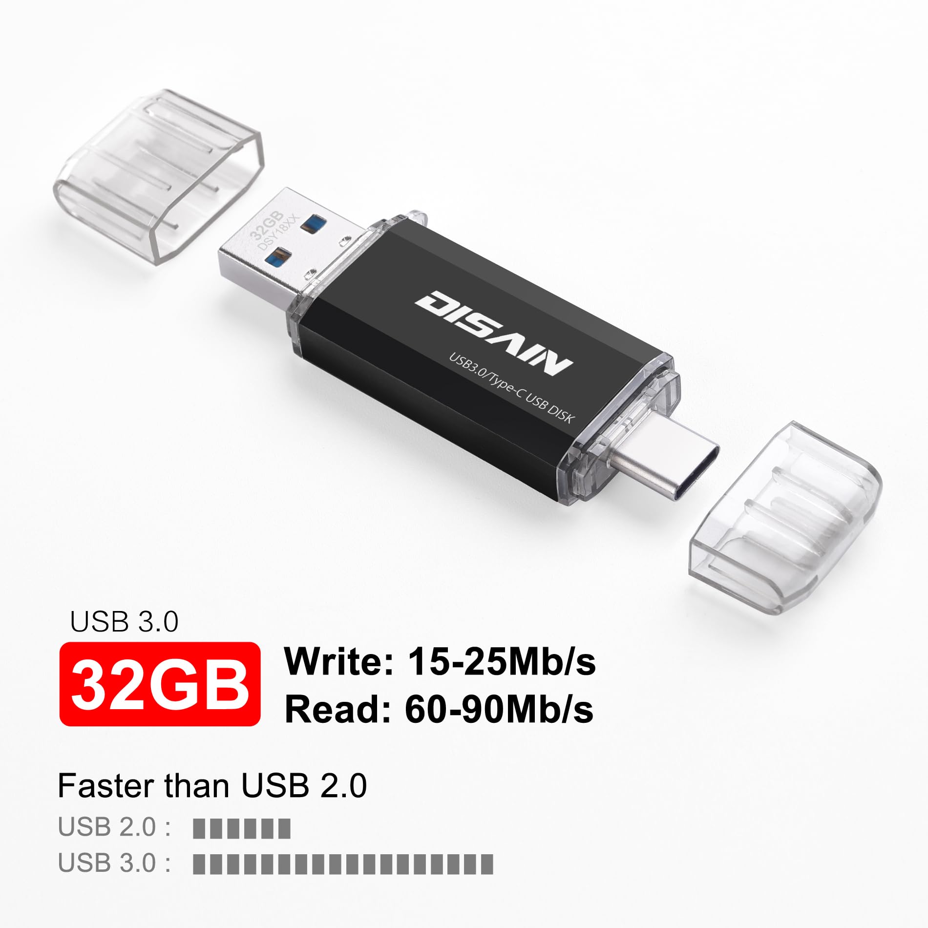 USB C Flash Drive, DISAIN 32GB USB C Thumb Drive (USB A 3.0/USB C 3.0), 2 in 1 USB C Memory Stick for Type C Smartphones, Tablets, PC