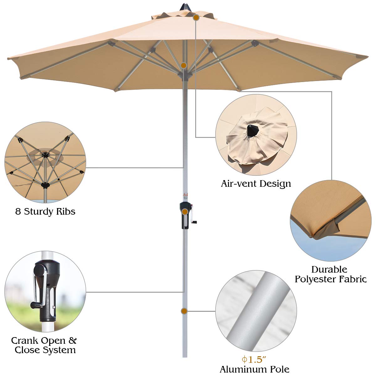 Tangkula 9 ft Patio Umbrella, Outdoor Market Table Umbrella with 1.5β Aluminum Pole, 8 Sturdy Ribs & Crank for Garden, Lawn, Deck, Backyard & Poolside (Beige)
