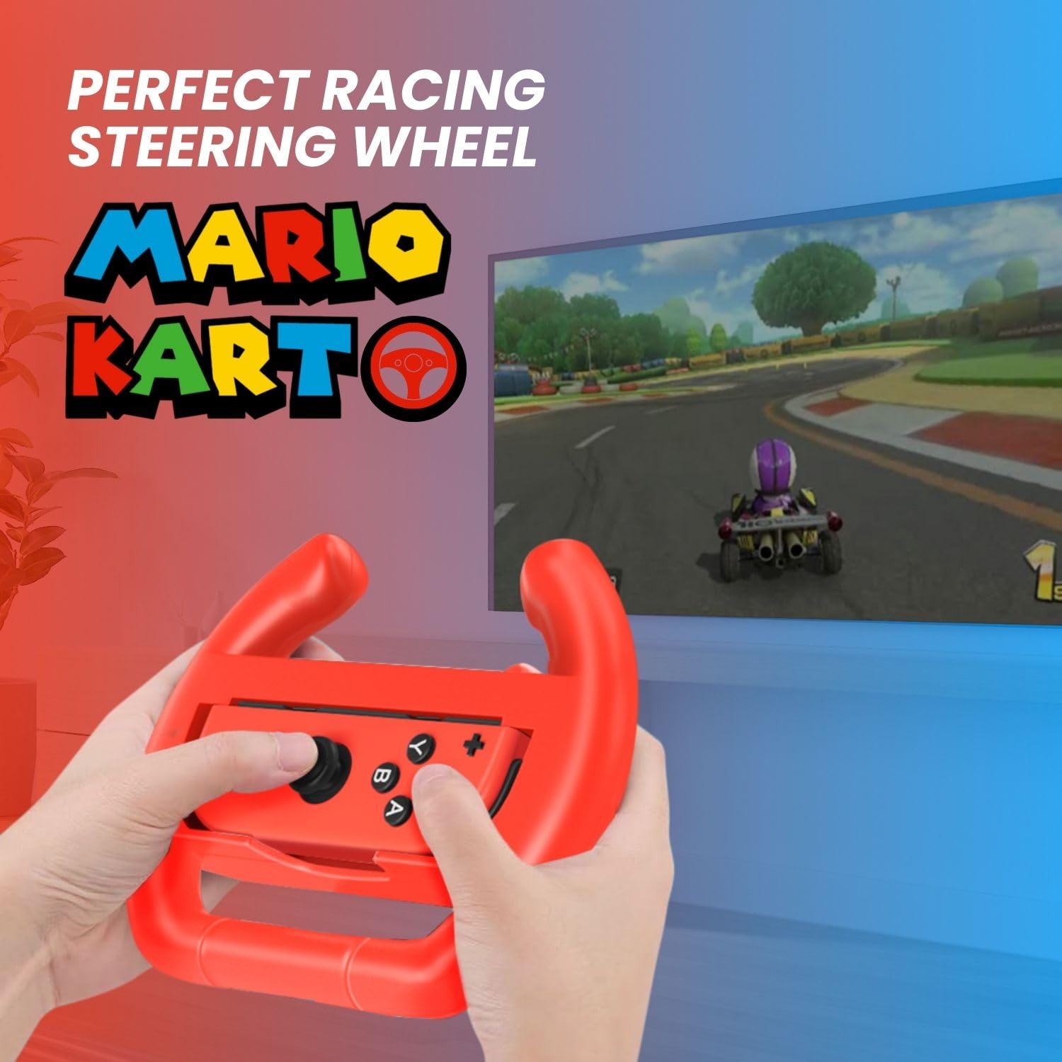 TNP Racing Wheel for Nintendo Switch/Switch OLED Joy-Con Controller (Set of 2 Red + Blue) Racing Steering Wheel Controller Accessory Grip Handle Kit Attachment